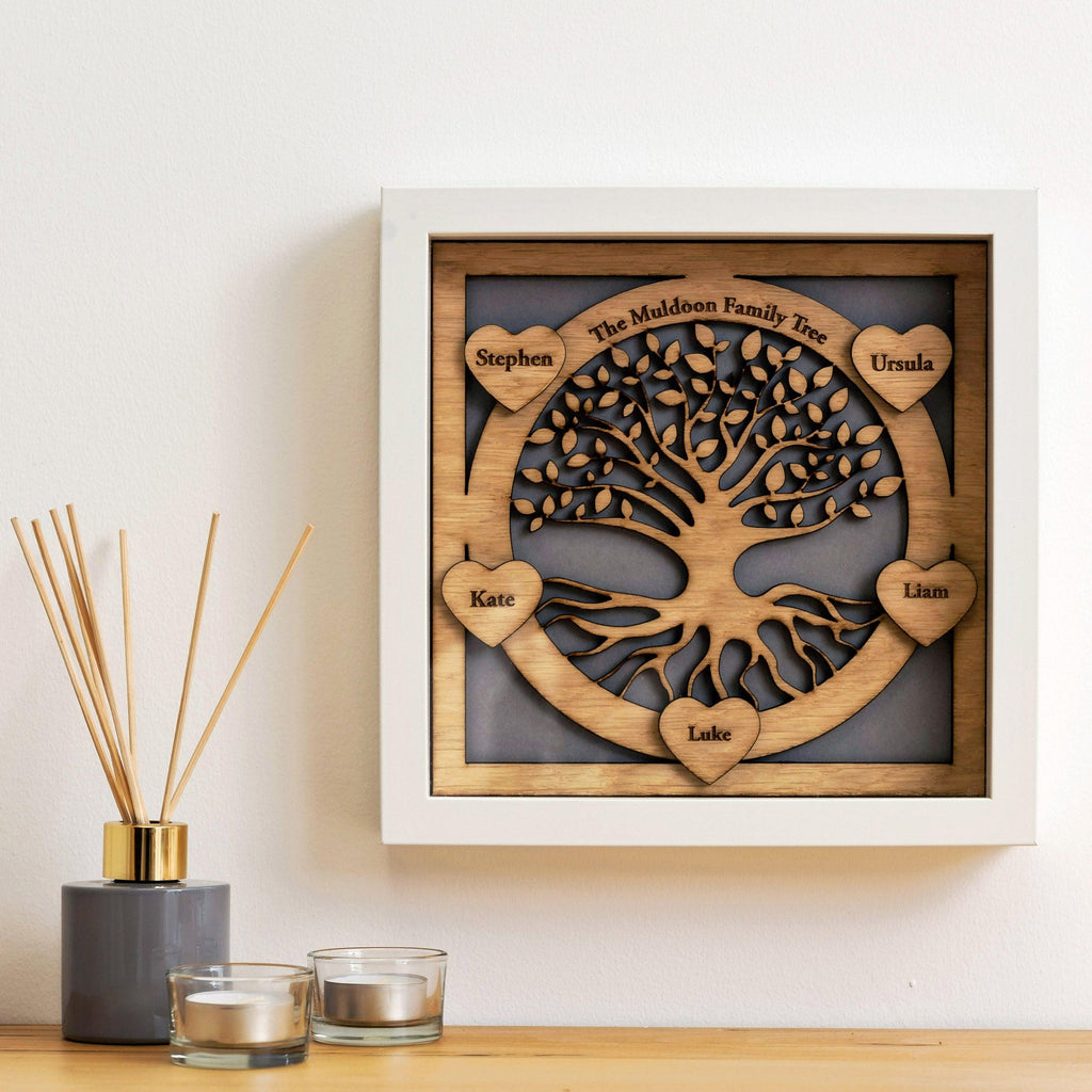 Family Tree with names engraved on hearts - wooden tree design – Stag ...