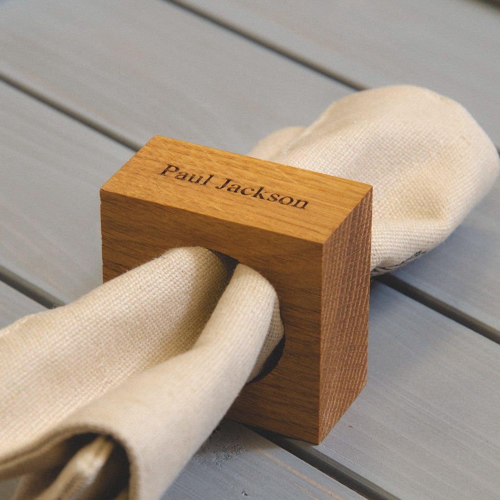 Premium solid oak personalised napkin rings – Stag Design